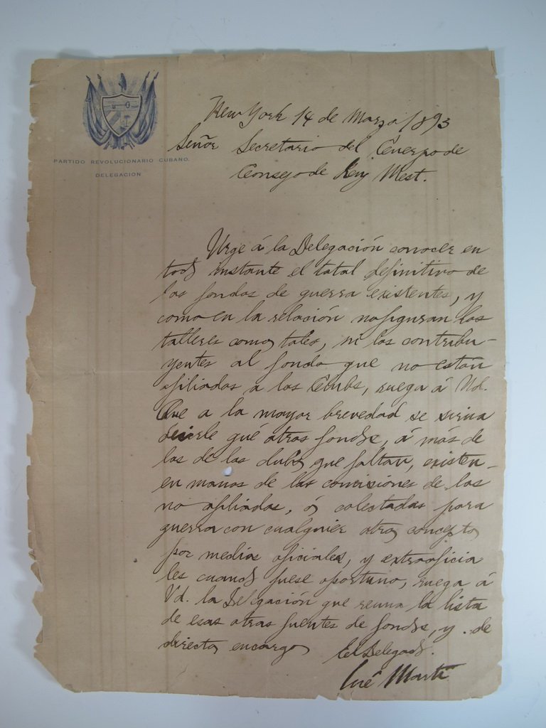 Letter from Jose MARTI (1853-1895), Cuban writer