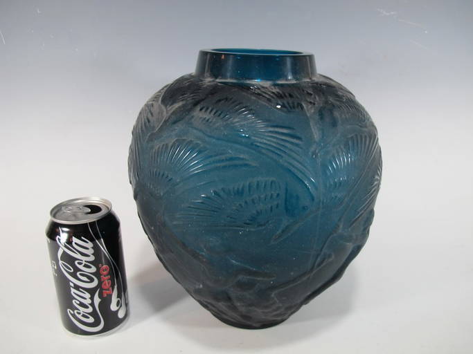 Signed R. Lalique Blue Glass Vase