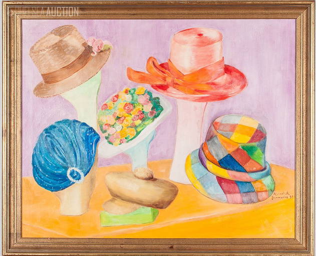 Framed Oil On Canvas Painting Of Hats