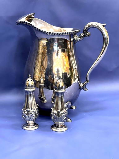 Crescent Silver Plated Water Pitcher & Wb Salt & Pepper