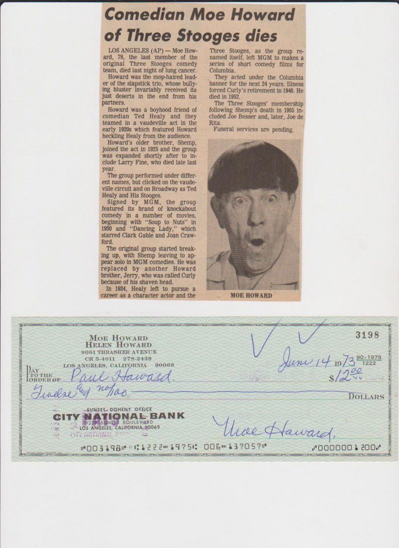 106: Moe Howard 1897-1975, Signed Document (cancelled c