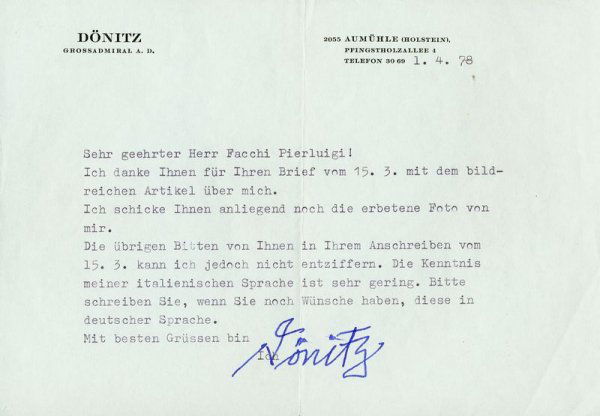 Karl Donitz Signed Letter
