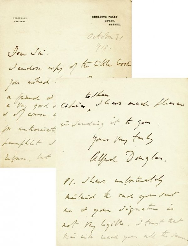 0752: LORD ALFRED DOUGLAS HANDWRITTEN SIGNED LETTER