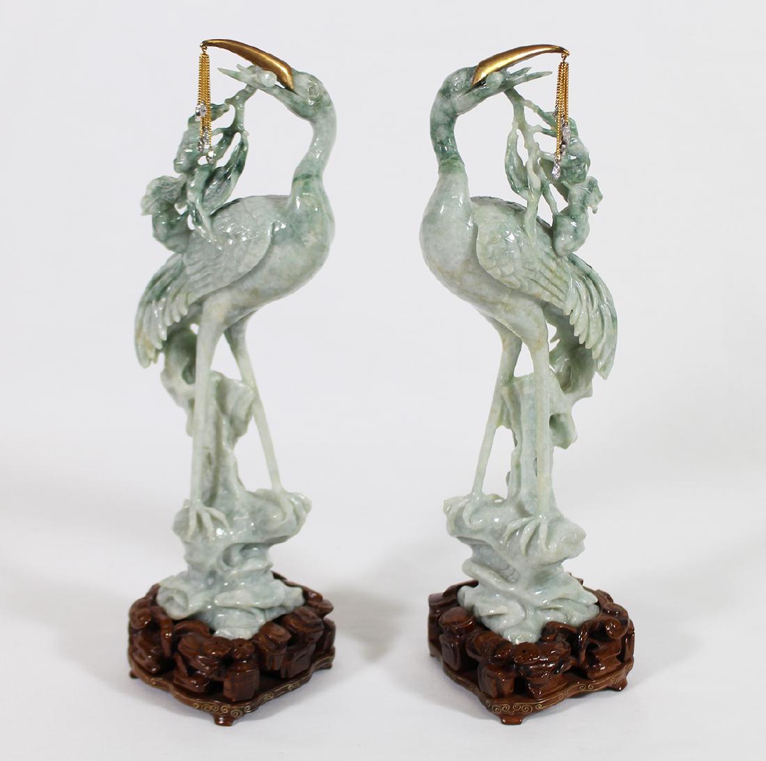 (2) CHINESE CARVED JADE BIRDS W/ DIAMONDS & GOLD
