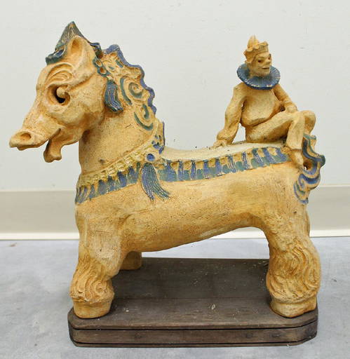 Clay Jester Riding Horse Sculpture