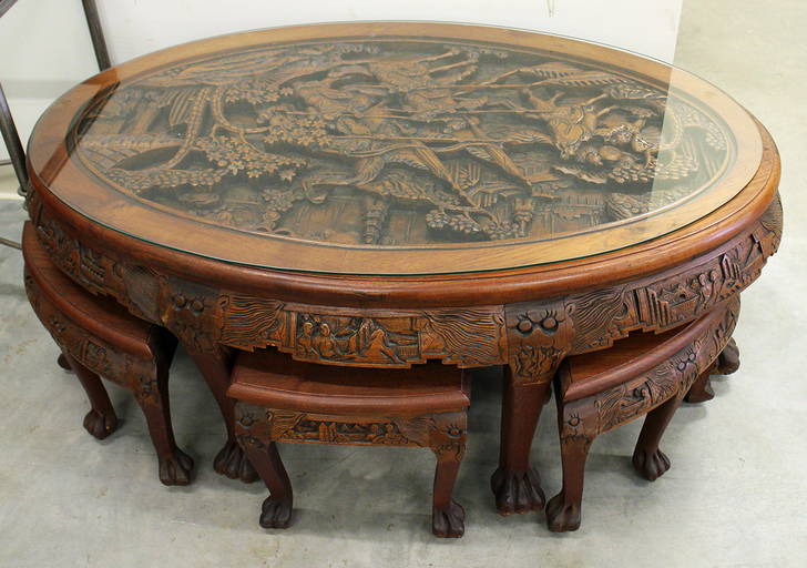 Carved Chinese Tea Table With 6 Benches