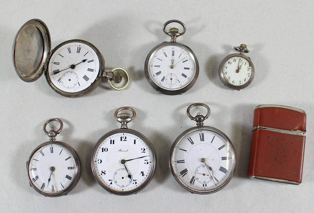 (6) Silver Pocket Watches & Lighter