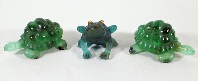 Daum Pate De Verre Frog & Green Turtles