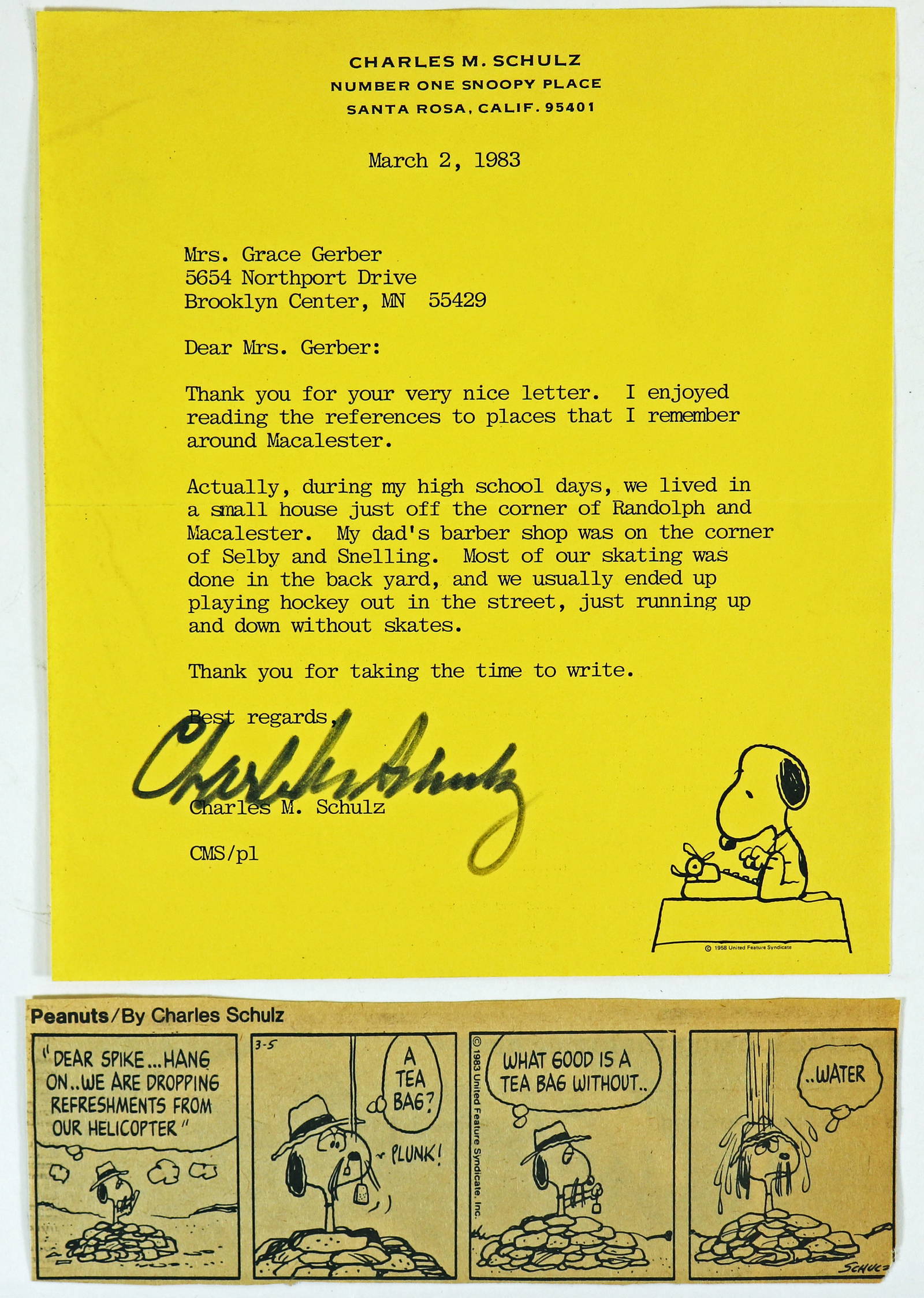 Charles M Schulz Typed Signed Letter Auction