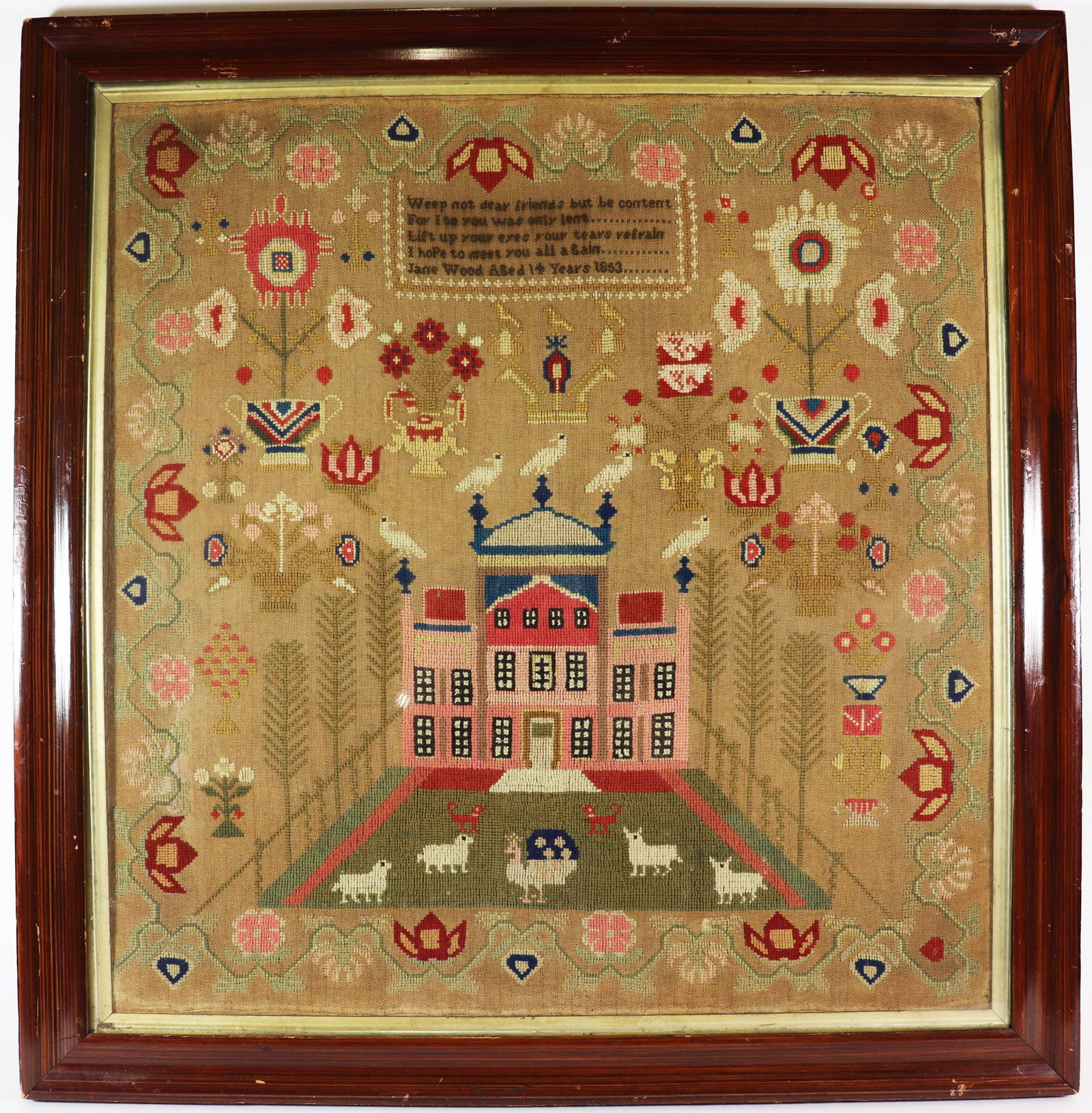 Pictorial & Poem Sampler By Jane Wood Dated 1853 Auction