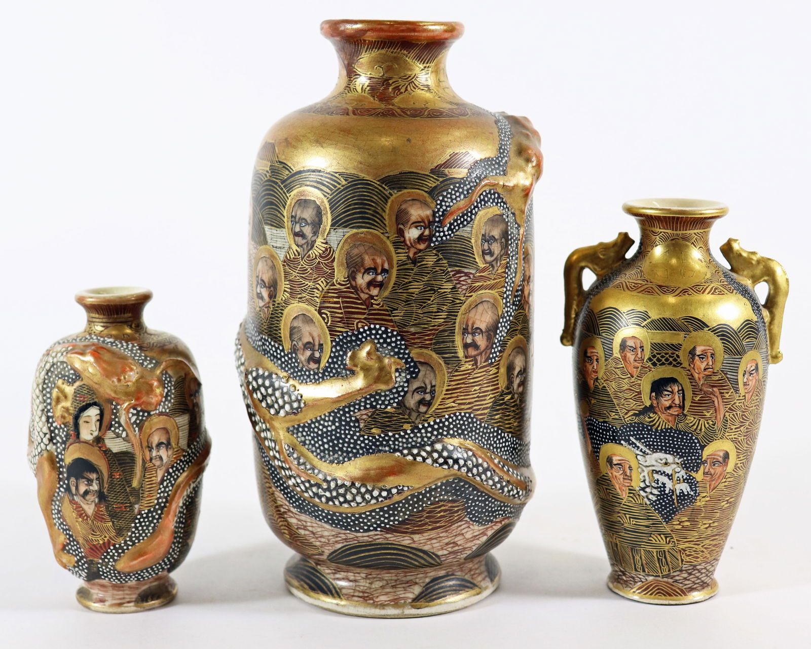 (3) Japanese Satsuma High Relief 1000 Faces Vases Auction