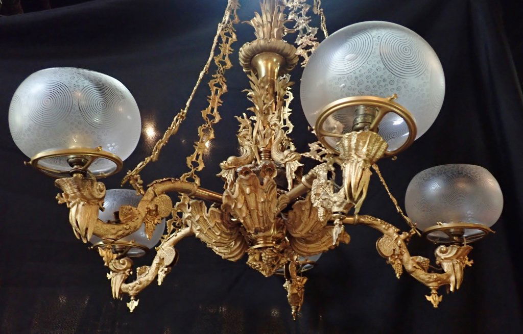 Five Arm Gilt Metal Gasolier, Etched Glass Shades