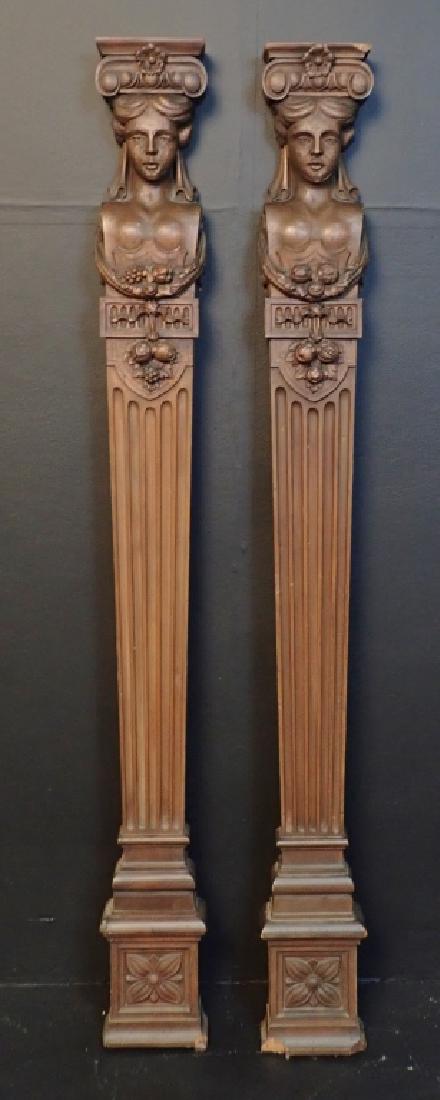 Pair Figural Carved Wood Columns