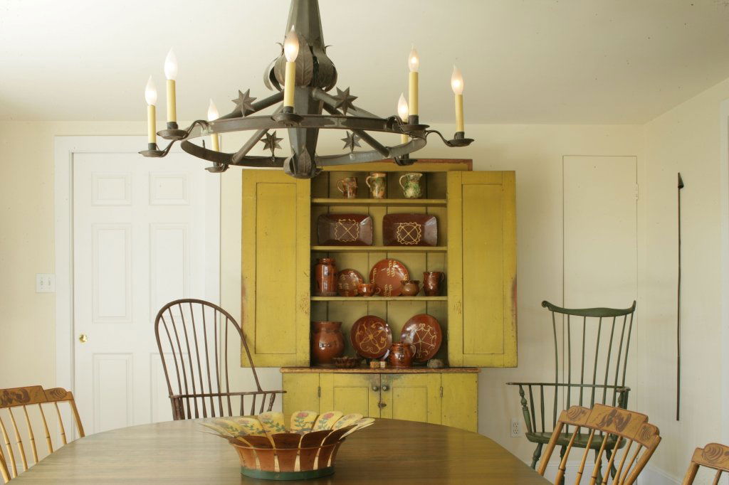 149: Yellow and Red Painted Cant-Back Cupboard