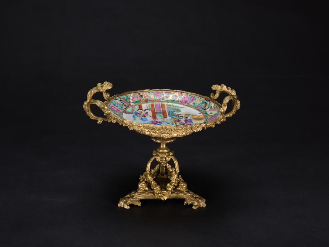 Qing A Guang Cai Plate Mounted In Gilt Bronze Double