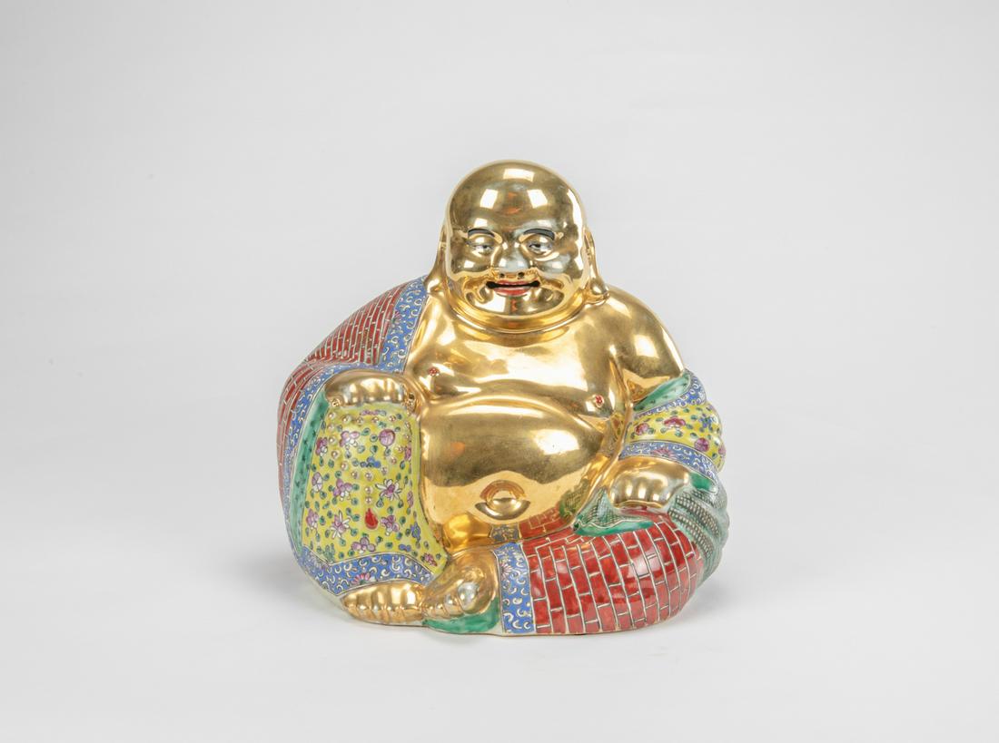 A Gold Gilt Face And Body Famille Glazed Porcelain Buddha (mark In Bottom)