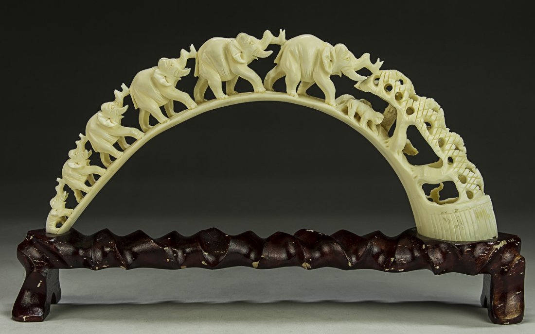 A Chinese Antique Hippo Tusk Carved Elephant Group