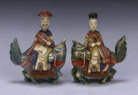 Pair Antique Polychrome Ivory Carved Snuff Bottles