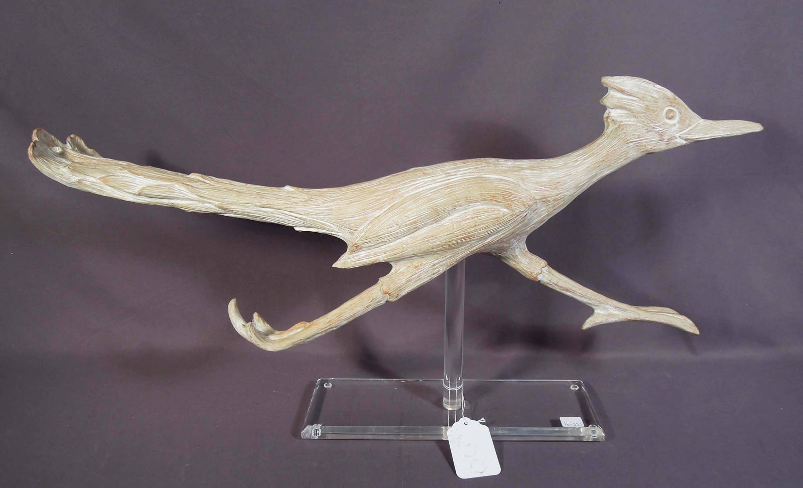 Hand Carved Wooden Road Runner Sculpture On Lucite Stand Auction