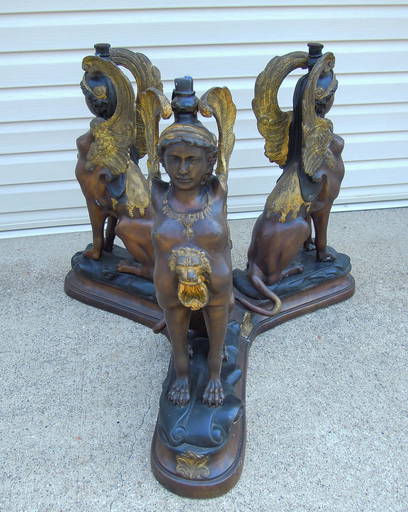 Spectacular Vintage Bronze Triple Sphinx Table With Glass Top