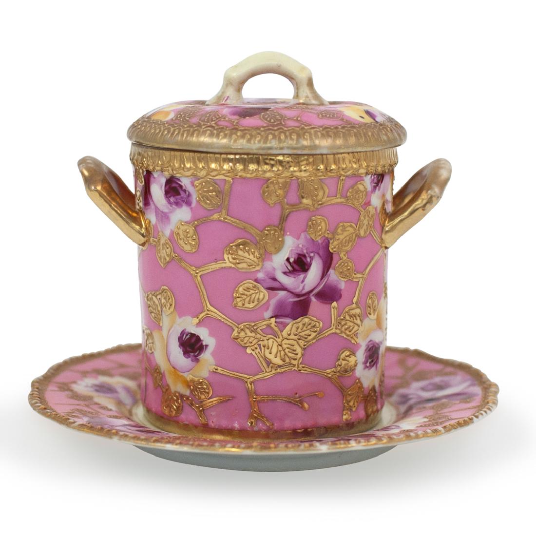 (2 Pc) Nippon Pink Hand Painted Tea Caddy