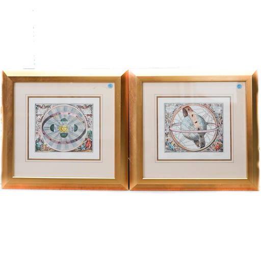 (2 Pc) Framed Antique Celestial Map Engravings