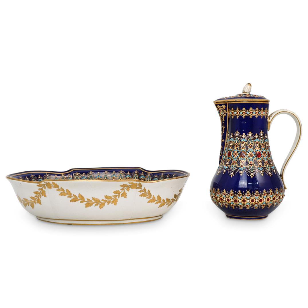 (2 Pc) Antique Sevres Porcelain Pitcher And Centerbowl