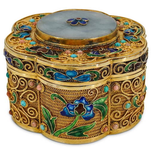 Chinese Gilt Silver Enamel & Jade Box