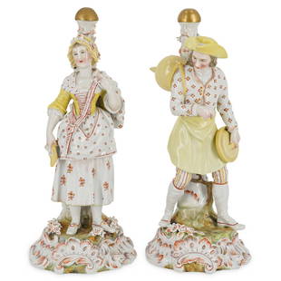 Pair Antique Meissen Polychrome Decorated Porcelain Figures Of Seated ...