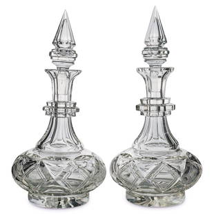 (2) Large Cut Crystal Decanters, Tilted Port