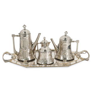 Art Nouveau Silvered Pewter Five Piece " Ivy" Tea Set By Wmf