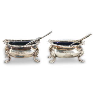 English Sterling Silver Salt Cellars W Spoons Set