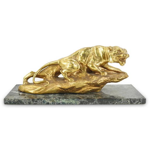 Large Gilt Bronze Panther Sculpture On Marble Base