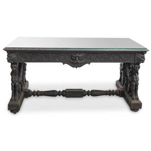 Antique Rj Horner Carved Wood Library Table