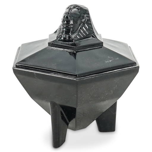 1930s Art Deco Depression Era "sphinx King Tut" Black Glass Powder Jar