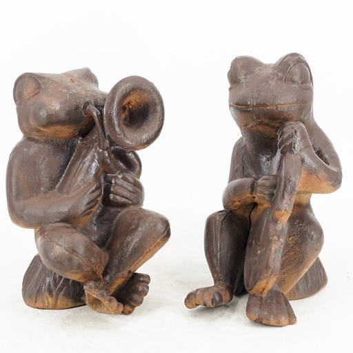 (2pc) Pair Of Cast Iron Frog Musician Sculptures