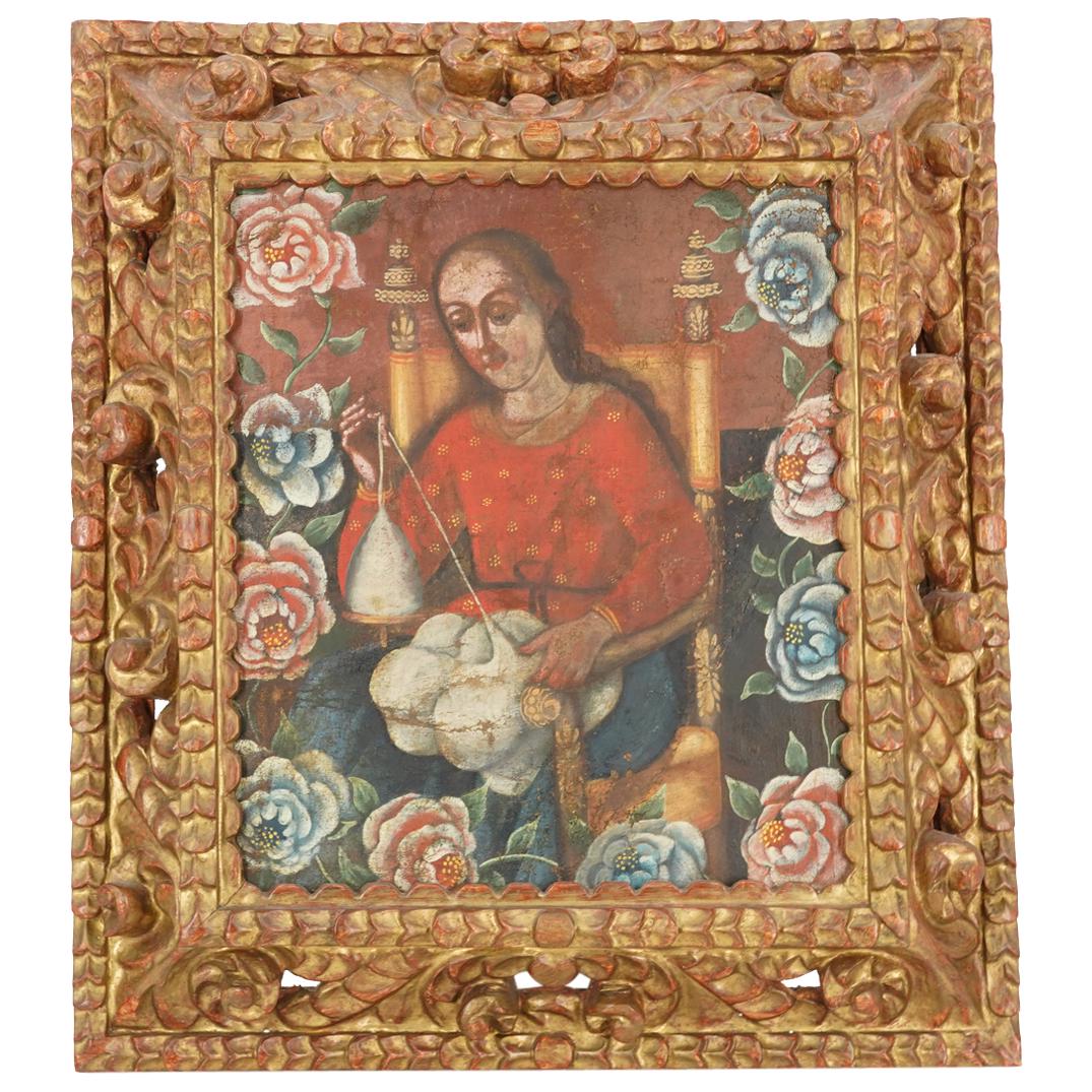 Antique Cuzco School Portrait Oil On Canvas Painting