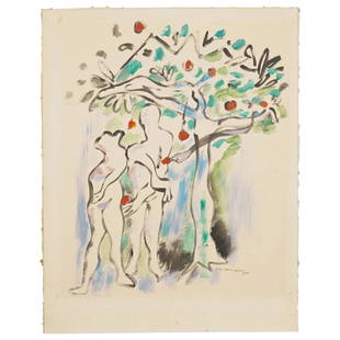 Konrad Cramer, Linocut On Paper, "adam And Eve"