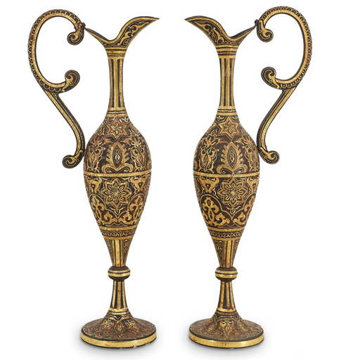 Pair Of Toledo Gold Damascened Pitchers