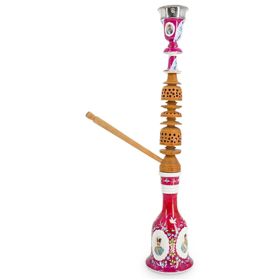 Antique Persian Qajar Porcelain And Carved Wood Hookah
