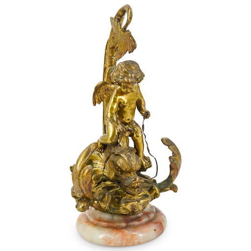 Antique French "cupid Riding A Dolphin" Gilt Bronze Sculpture