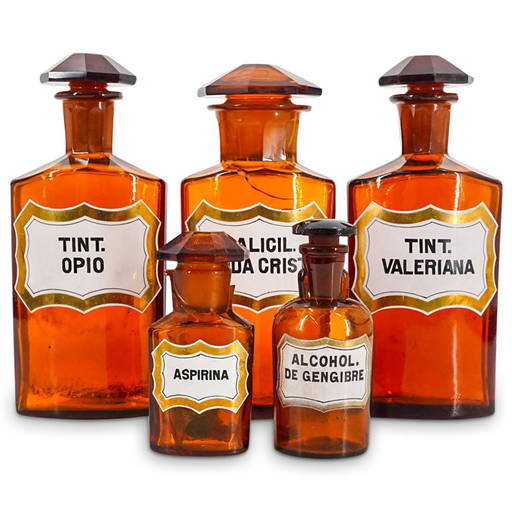 5 Pc Antique Apothecary Amber Glass Bottles Grouping Set