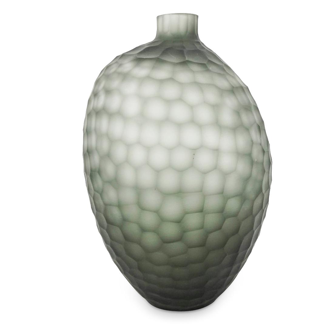 Unique Chiseled Green Glass Faceted Vase