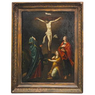Antique European Christ Crucified Oil On Canvas