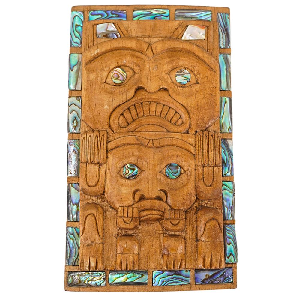 Native American Northwest Coast Carved Wooden And Abalone Plaque