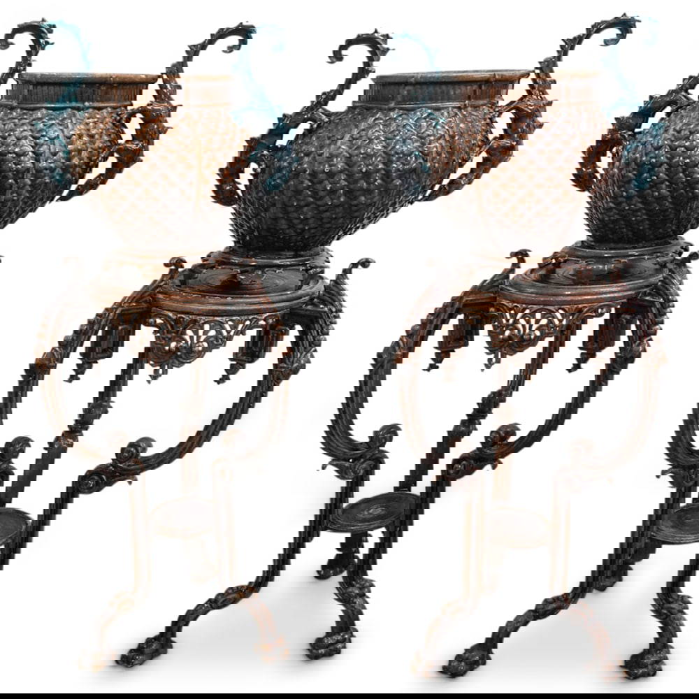 French Gothic Faure A Revin Enameled Iron Planters On Stands Auction