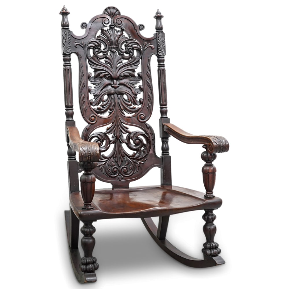Antique English Carved Wood Beast Faced Green Man Rocking Chair Auction