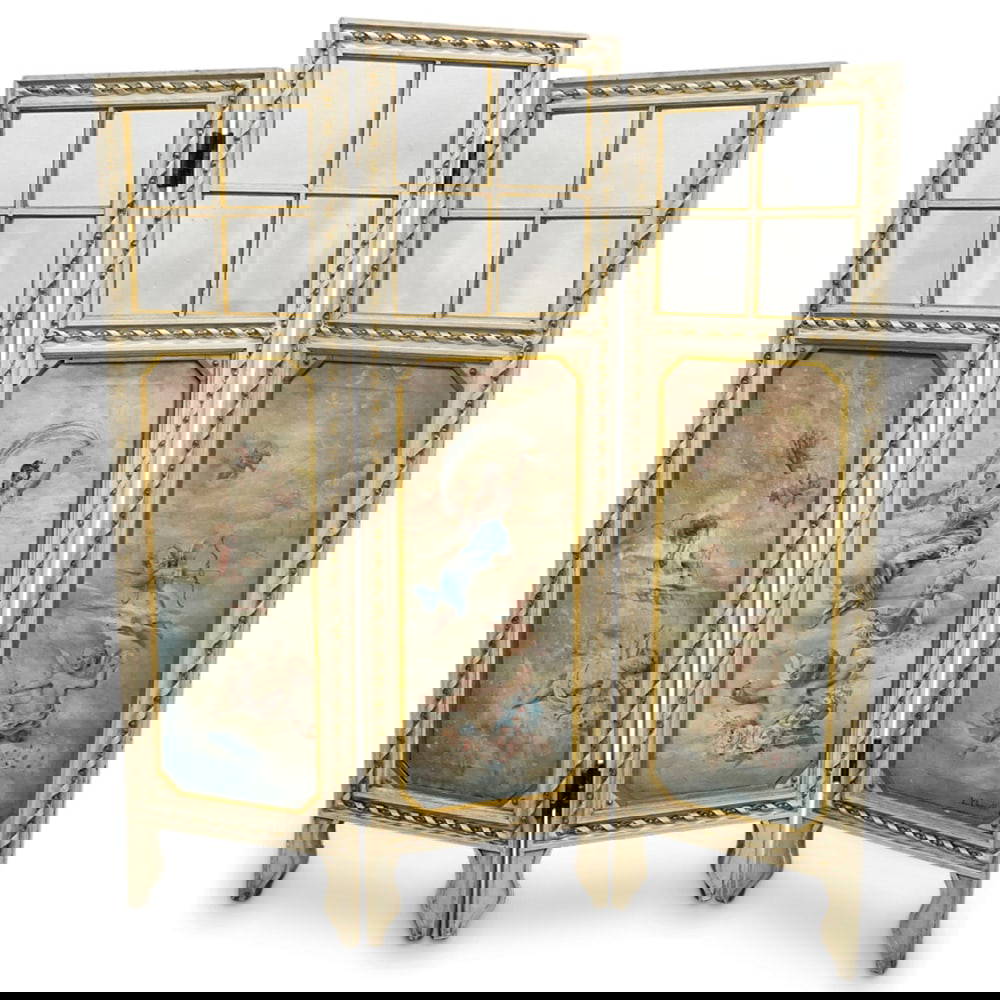 Antique Three Panel Screen W/ Signed Hand Painted Panels Auction