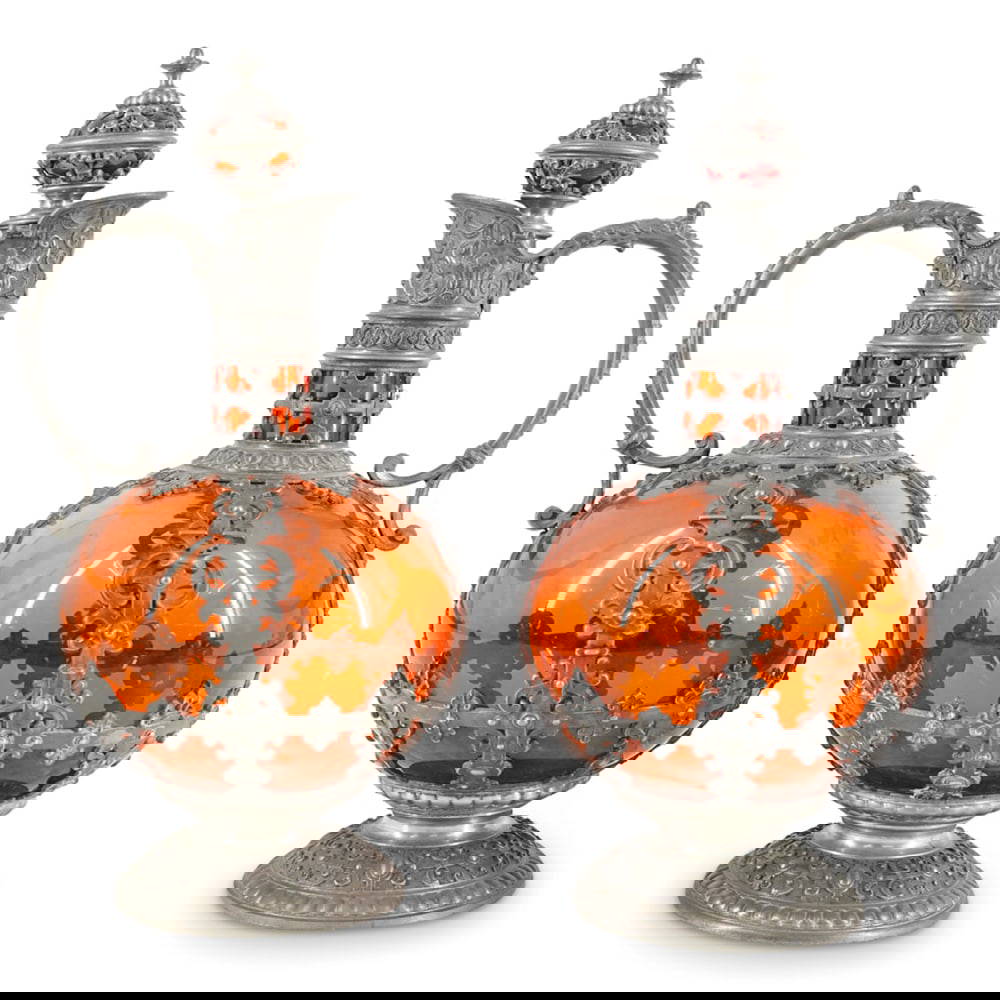 Pair Antique Colored Glass And Pewter Clarets Auction