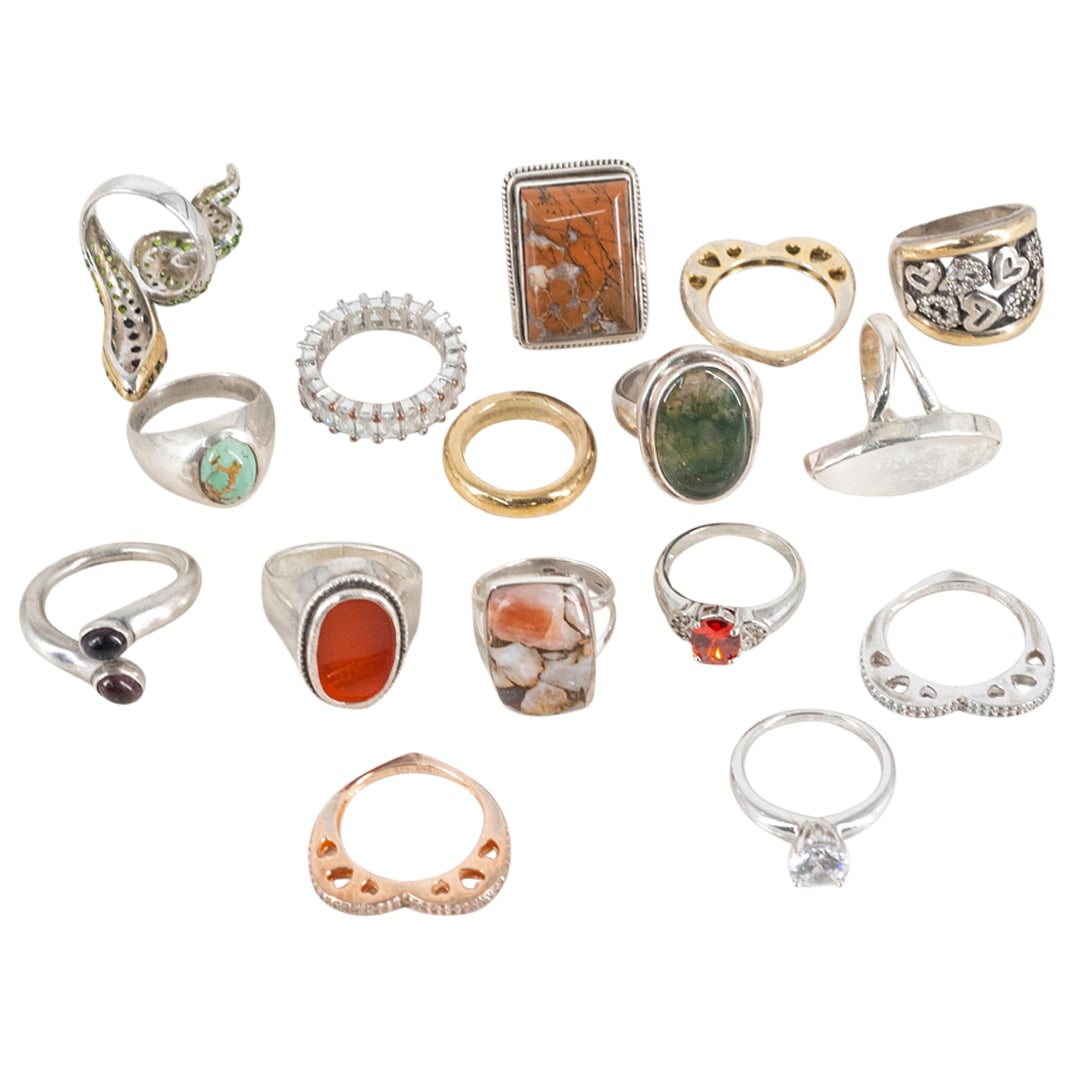 (16 Pc) Semi Precious Stone Inset Rings Auction